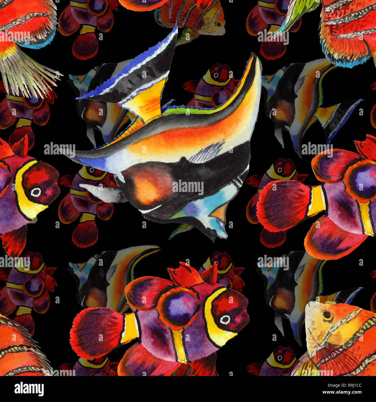 Watercolor aquatic underwater colorful tropical fish illustration set ...