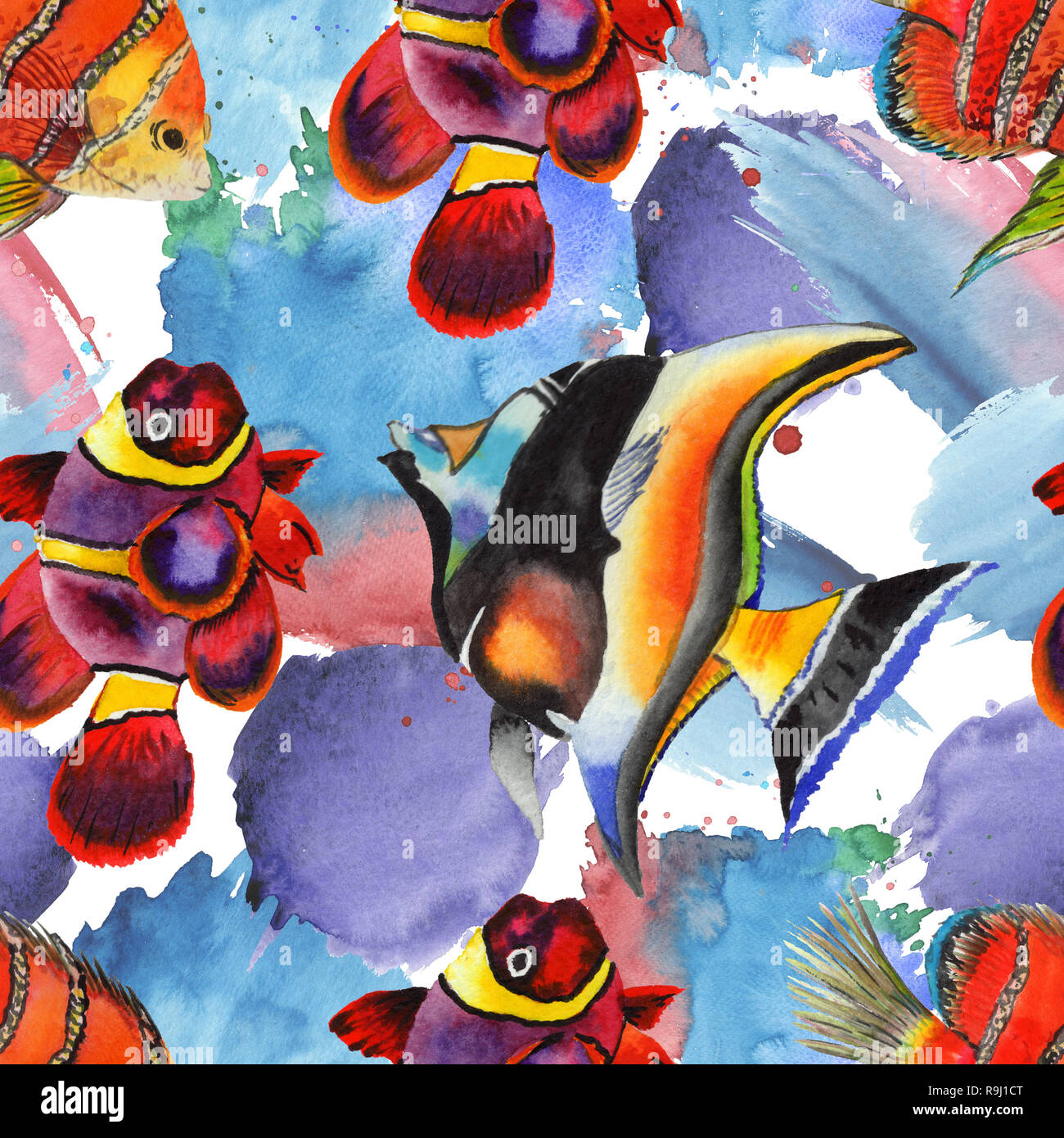 Watercolor aquatic underwater colorful tropical fish illustration set ...