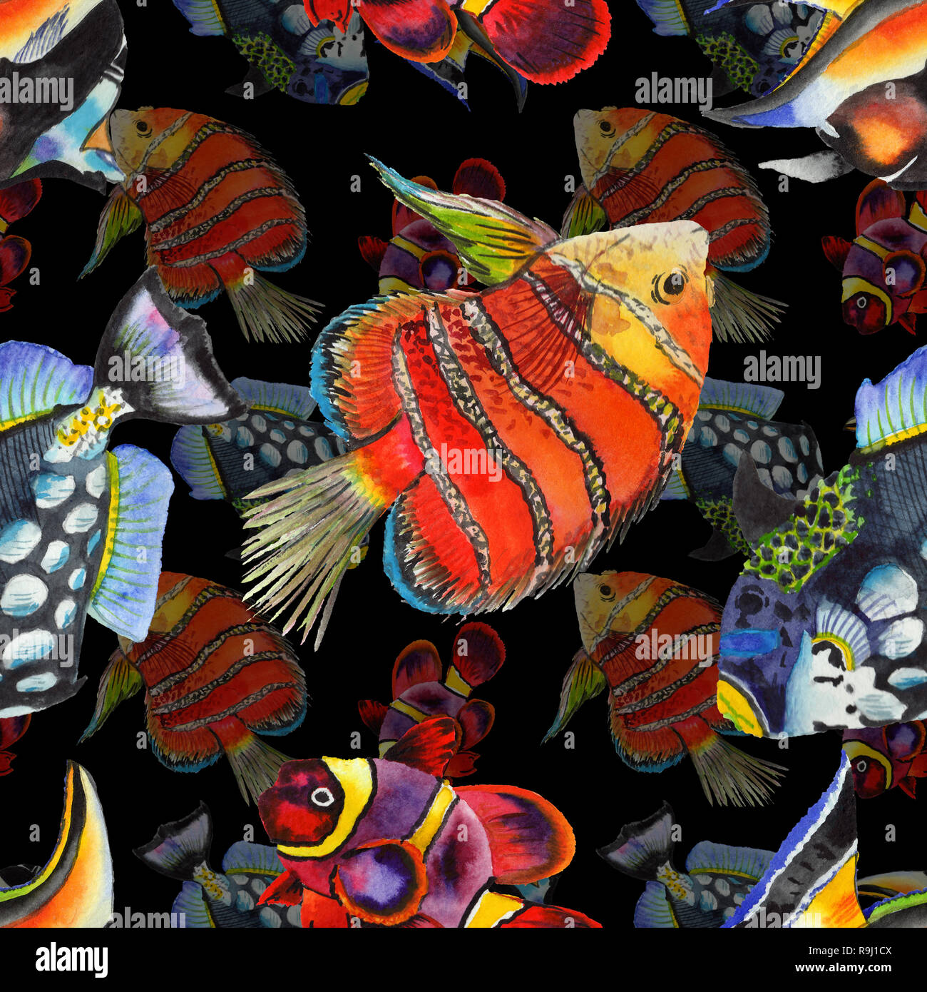 Watercolor aquatic underwater colorful tropical fish illustration set ...