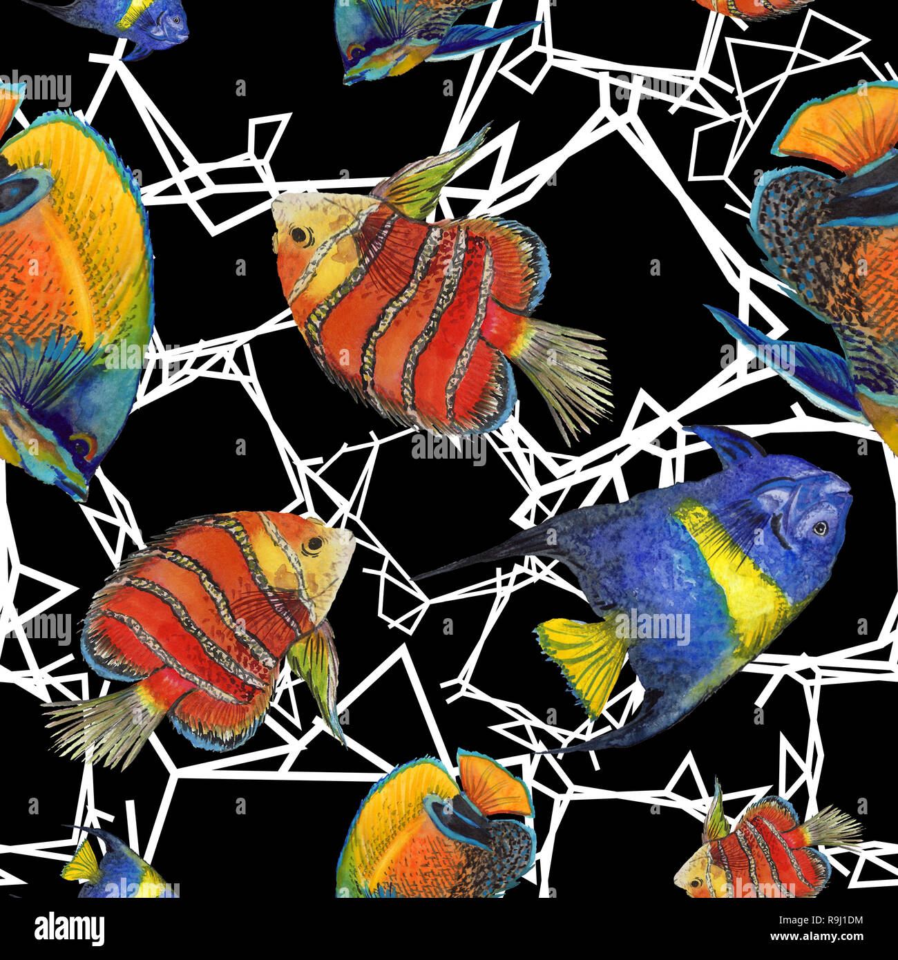 Watercolor aquatic underwater colorful tropical fish illustration set ...