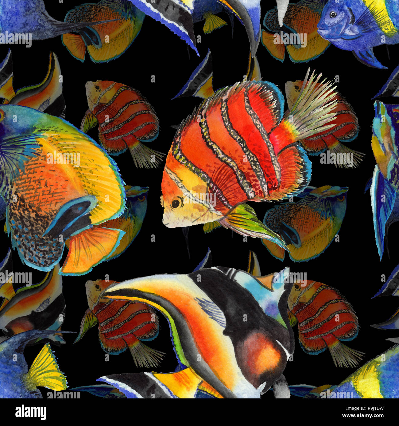 Watercolor aquatic underwater colorful tropical fish illustration set ...