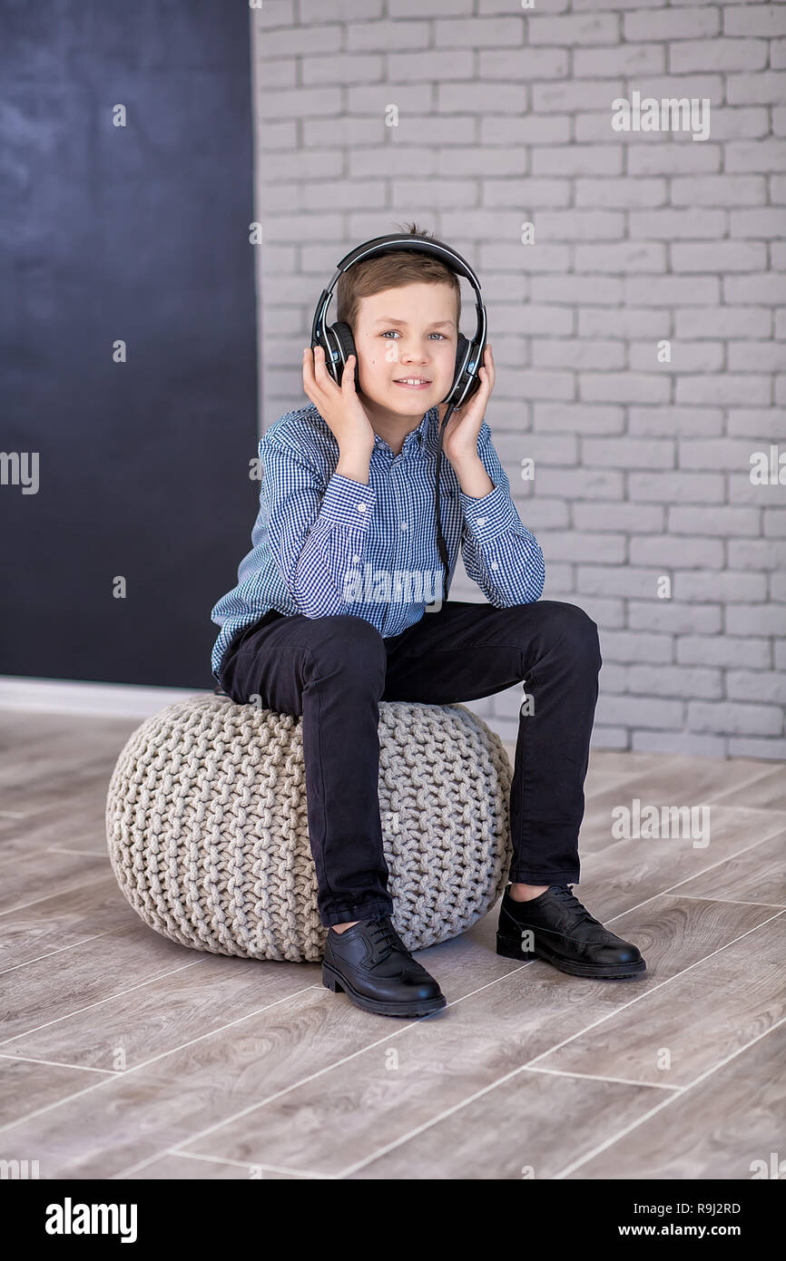 Relax and listening music concept. European boy fill the bit. Portrait ...