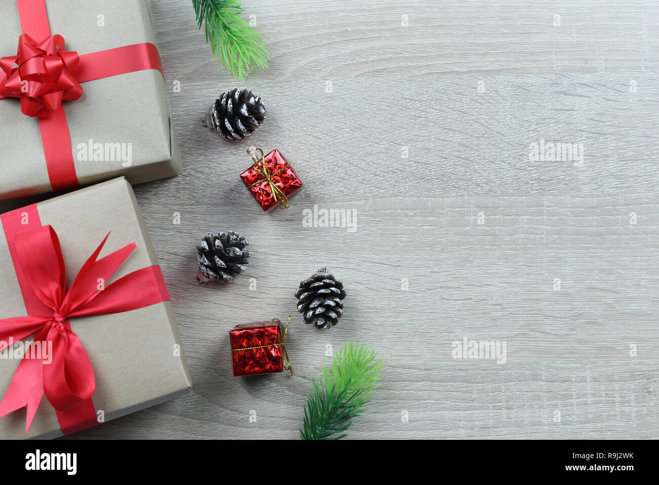 Brown gift box Equipment for Christmas decoration on wooden floor ...