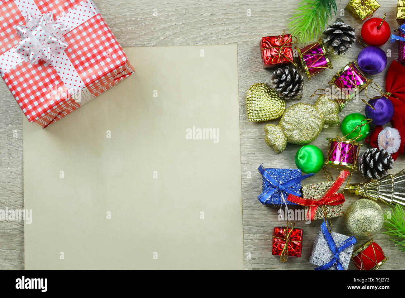 Brown gift box and vintage paper of Equipment for Christmas decoration ...