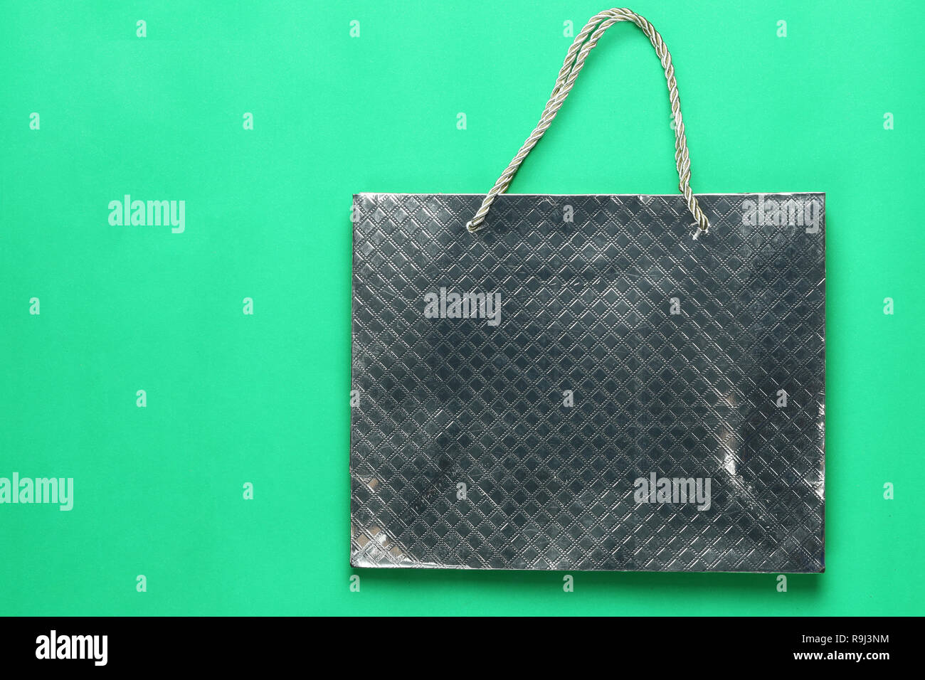 Silver shopping paper bag on green background and have copy space for ...