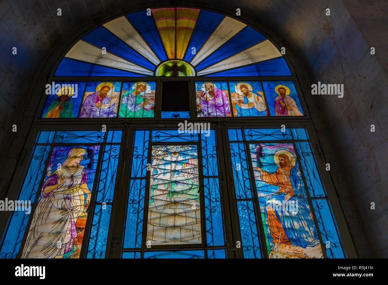 Stained glass window in the Greek Orthodox St. Photini Church at Bir Ya ...