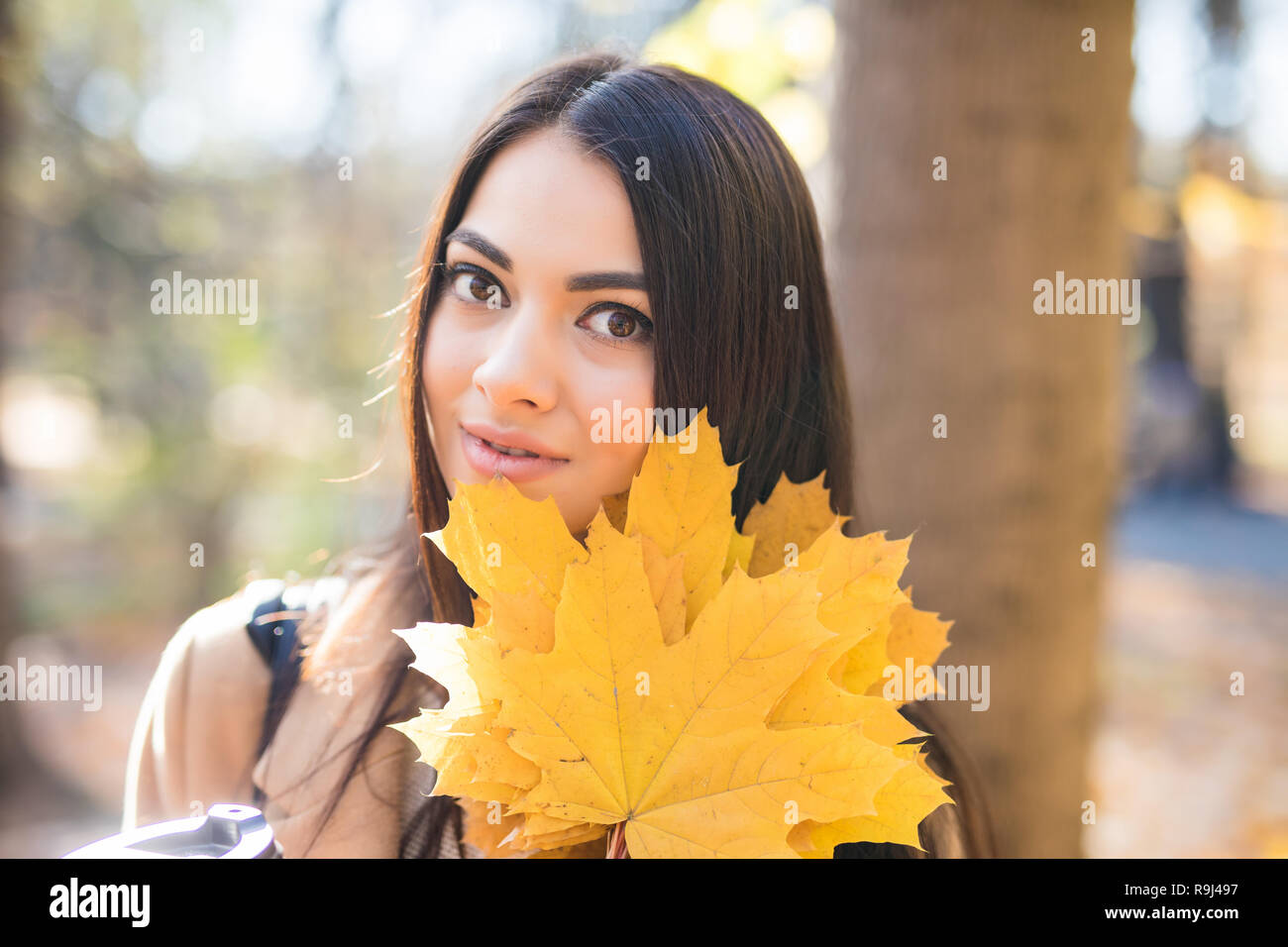 Beautiful woman with autumn leaves on fall nature background Stock ...