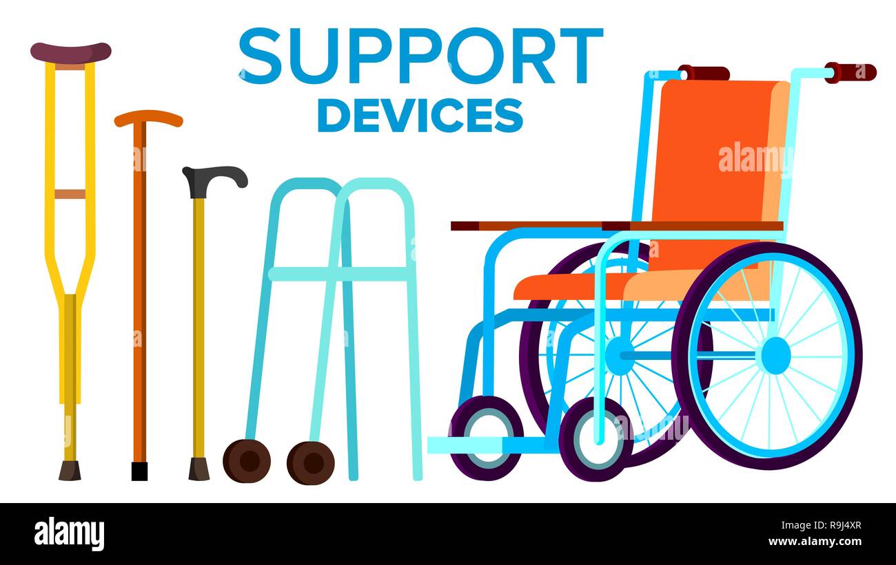 Support Items Vector. Walk Stick, Wheelchair. Isolated Flat Cartoon ...