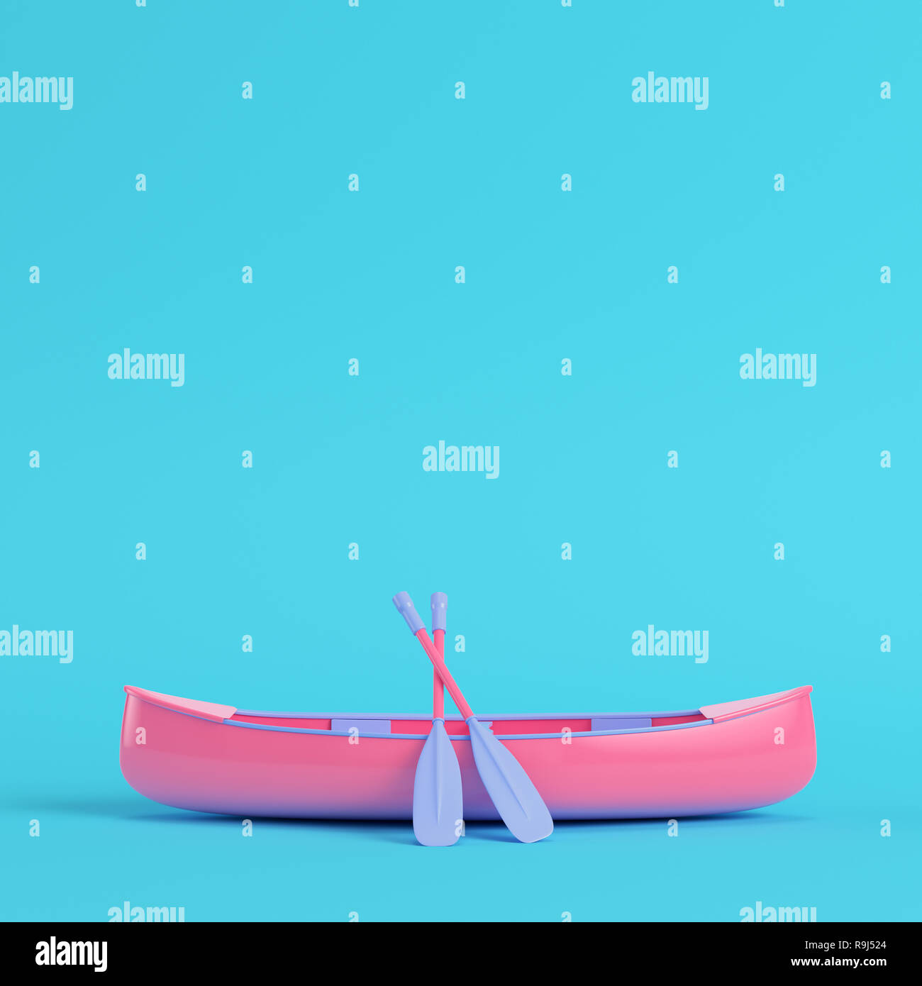 Pink canoe with paddles on bright blue background in pastel colors ...
