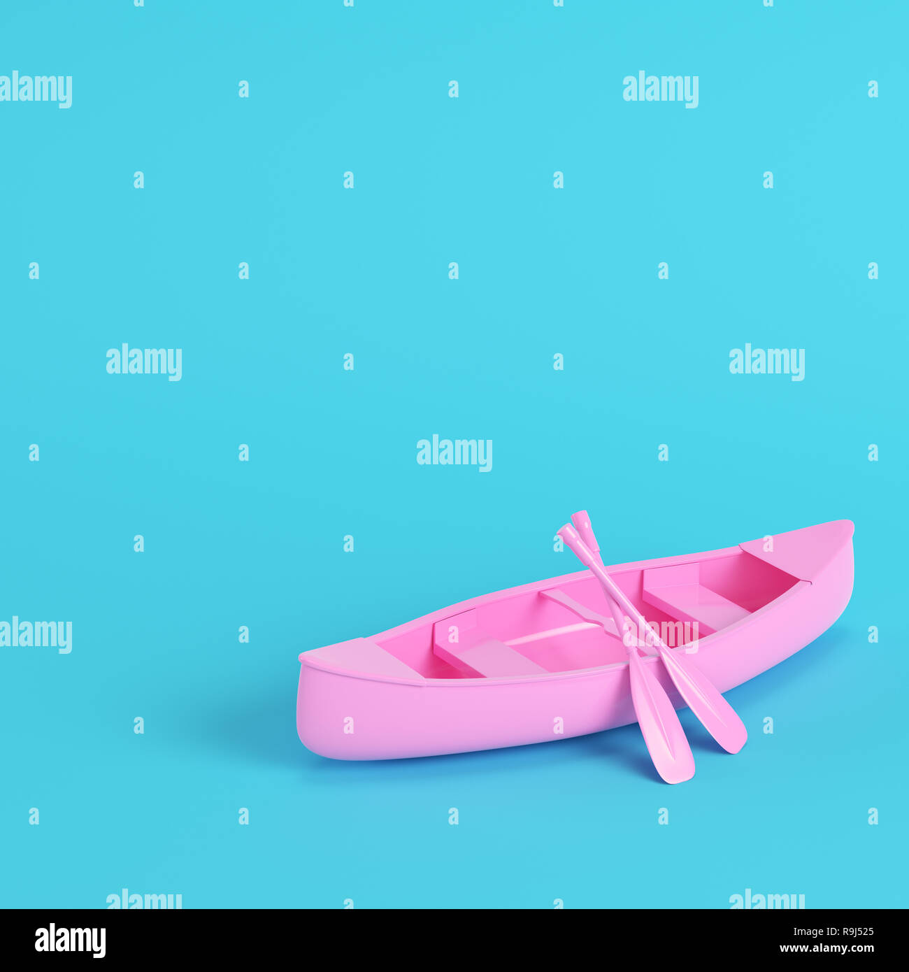 Pink canoe with paddles on bright blue background in pastel colors ...