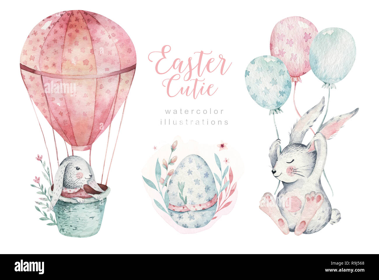 Hand drawn watercolor happy easter set with bunnies design. Rabbit ...