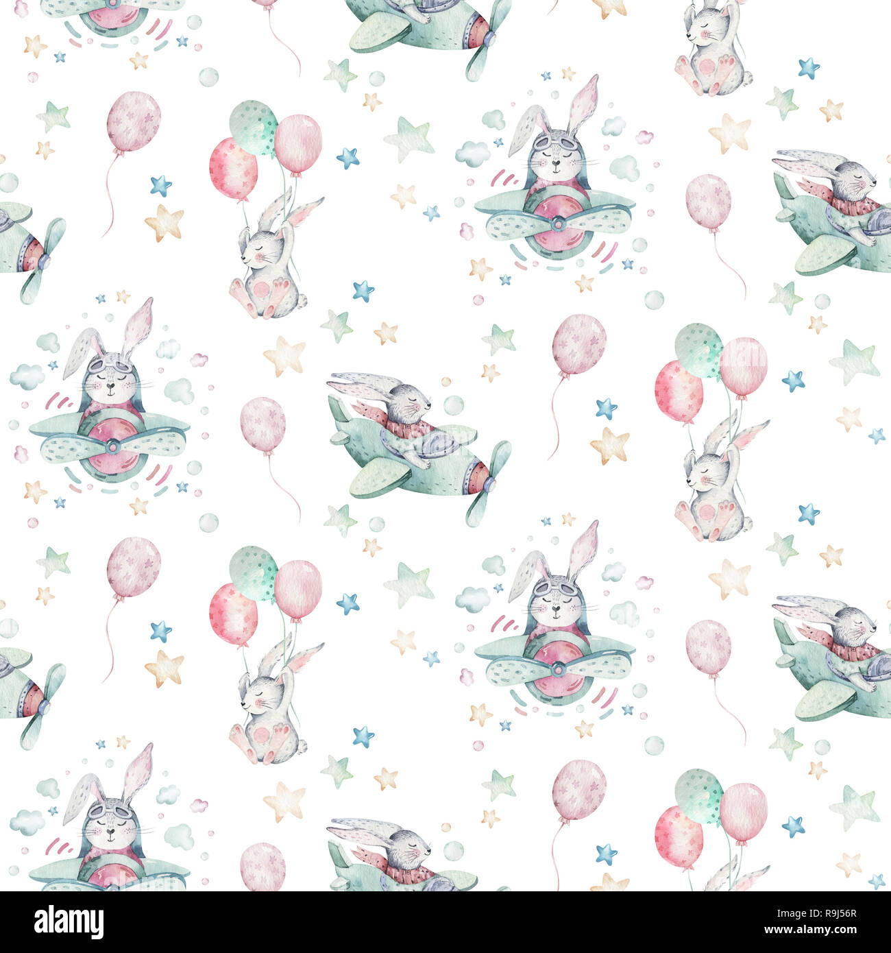 Hand drawing fly cute easter pilot bunny watercolor cartoon bunnies ...