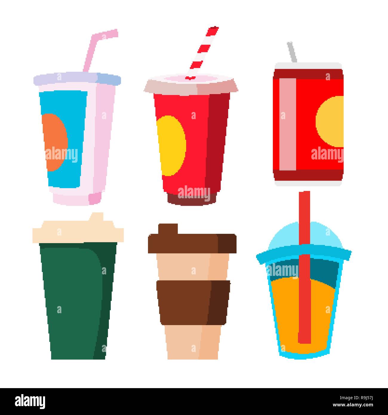 Takeaway Drink Set Vector. Cup, Mug With Coffee, Juice, Soda. Cold And ...