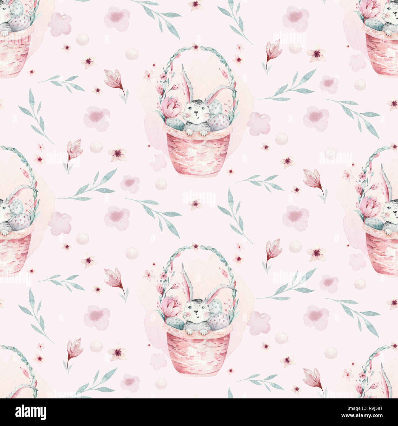 A watercolor spring illustration of the cute easter baby bunny. Rabbit ...