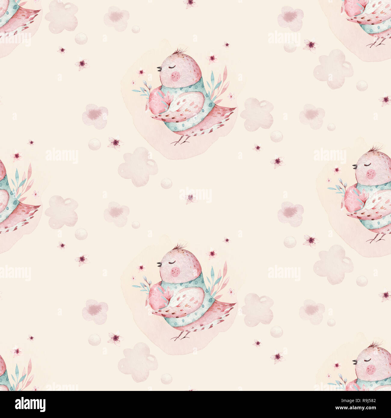 A watercolor spring illustration of the cute easter baby bird and eggs ...