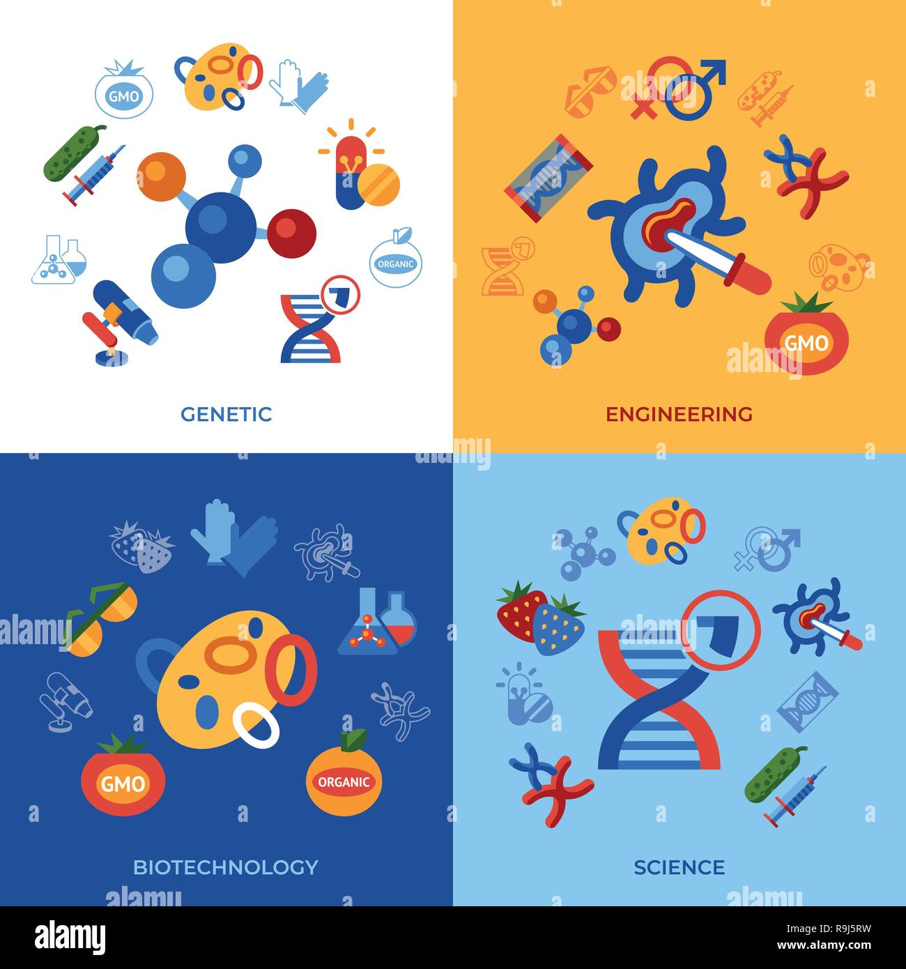 Digital vector genetic engineering gmo technology icons set ...