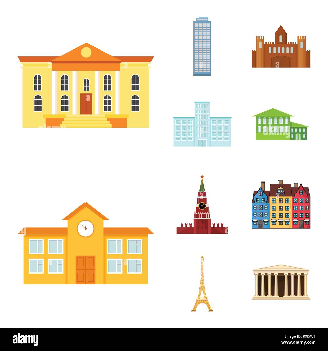 Vector illustration of building and city sign. Collection of building ...