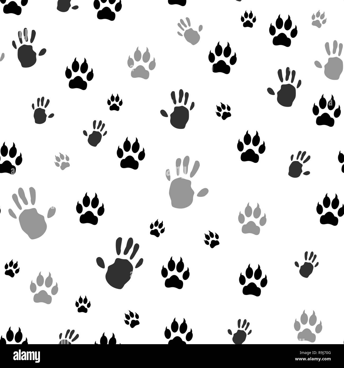Handprint human and animal paw print seamless. Vector illustration ...