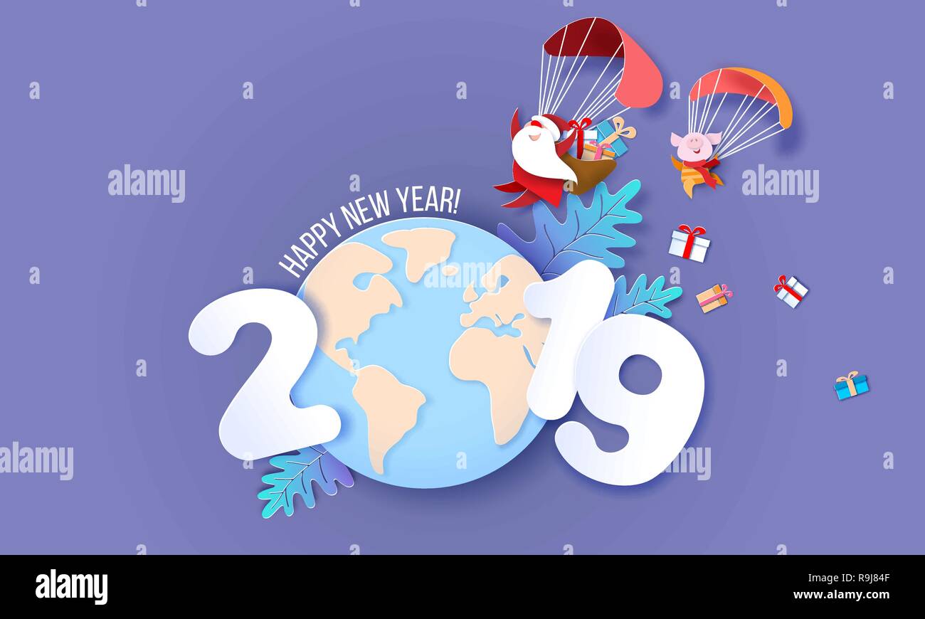 New Year design card. Santa Claus and funny pig Flying with Parachute ...