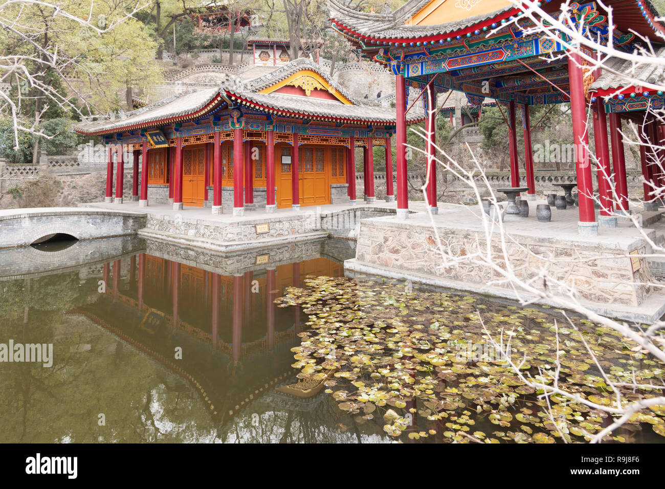 Huaqing,Shaanxi, China- December 7 2018 : Landscape of a lake and a ...