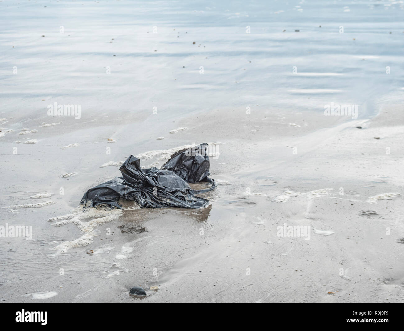Plastic black bin liner washed up on shore & polluting shoreline ...