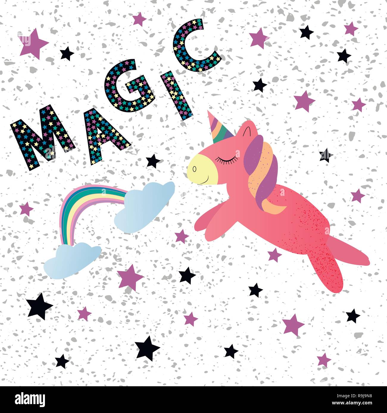 Pink magical unicorn. Vector design with textures. Print for t-shirt ...