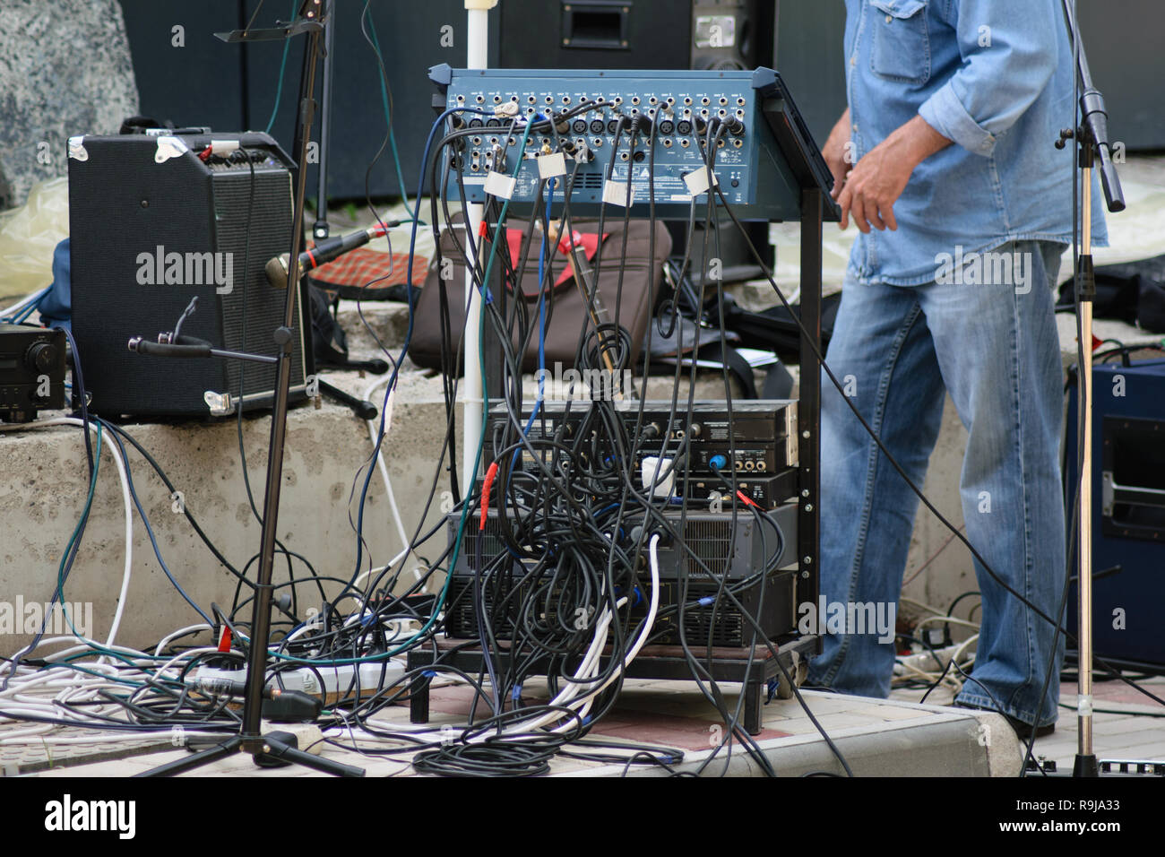 Concert. musical instruments on stage. speakers, drums, musical ...