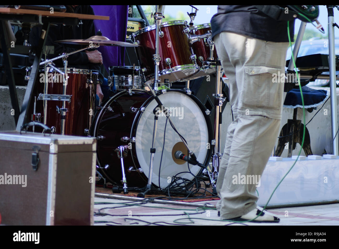 Concert. musical instruments on stage. speakers, drums, musical ...
