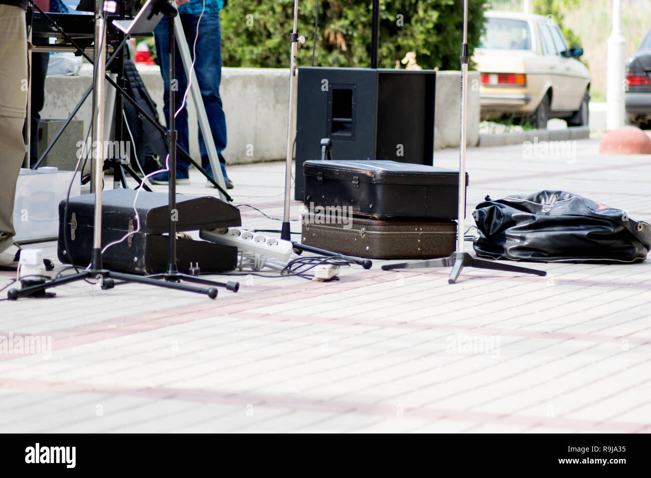 Concert. musical instruments on stage. speakers, drums, musical ...