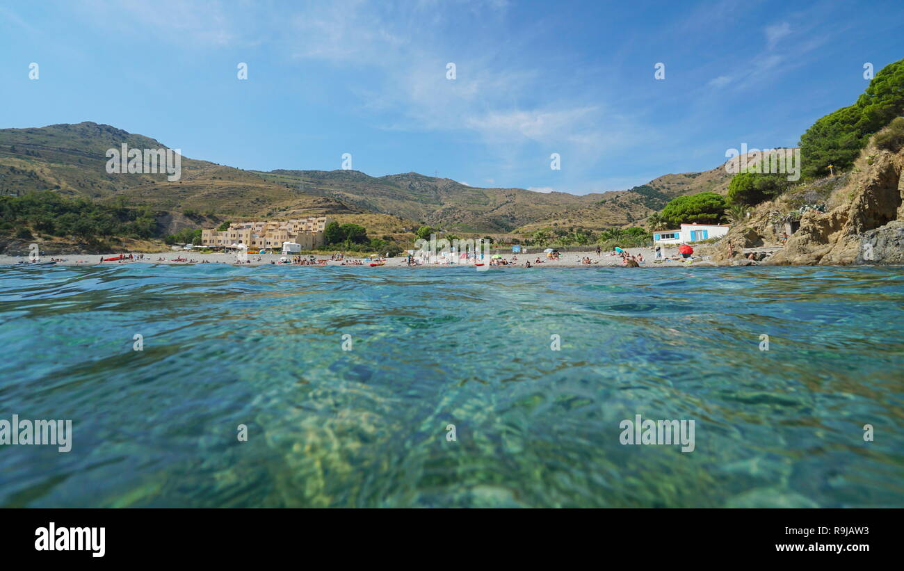 Mediterranean pebble beach in summer in the south of France, seen from ...