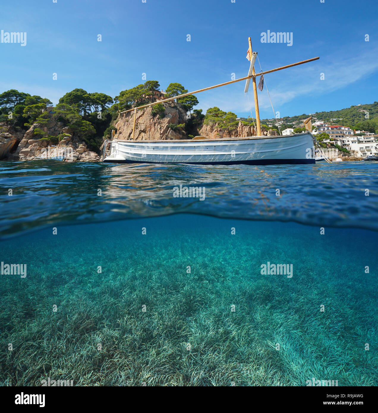 Spain Costa Brava typical Mediterranean boat and a grassy seabed ...