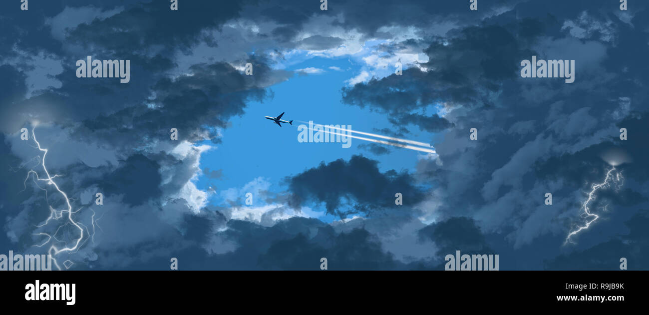 A jet airliner is seen through an opening in darkening clouds and ...