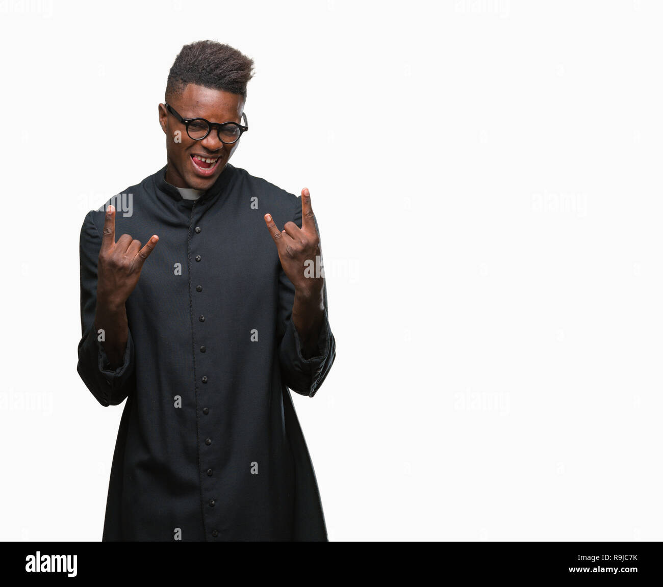 Young african american priest man over isolated background shouting ...