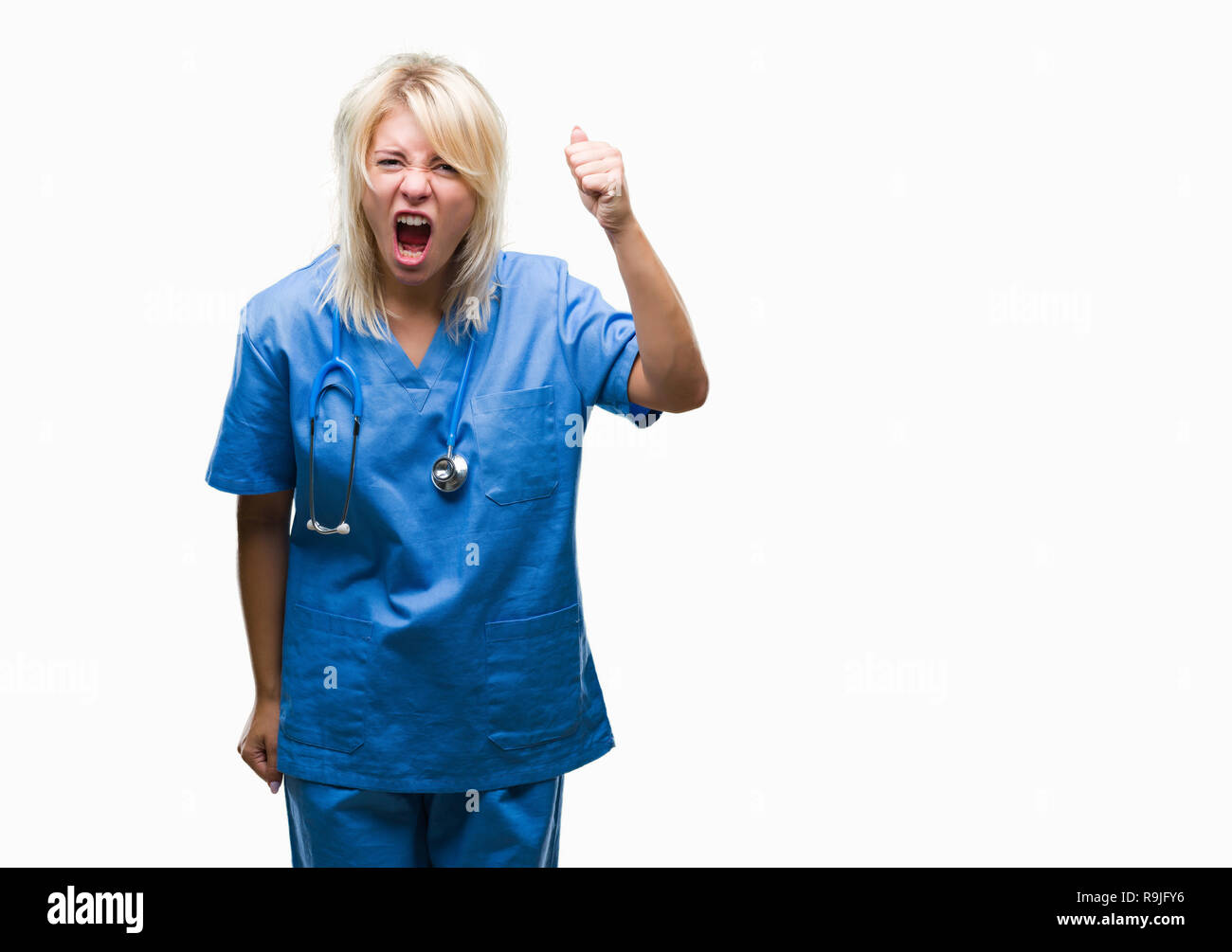 Young beautiful blonde doctor woman wearing medical uniform over ...