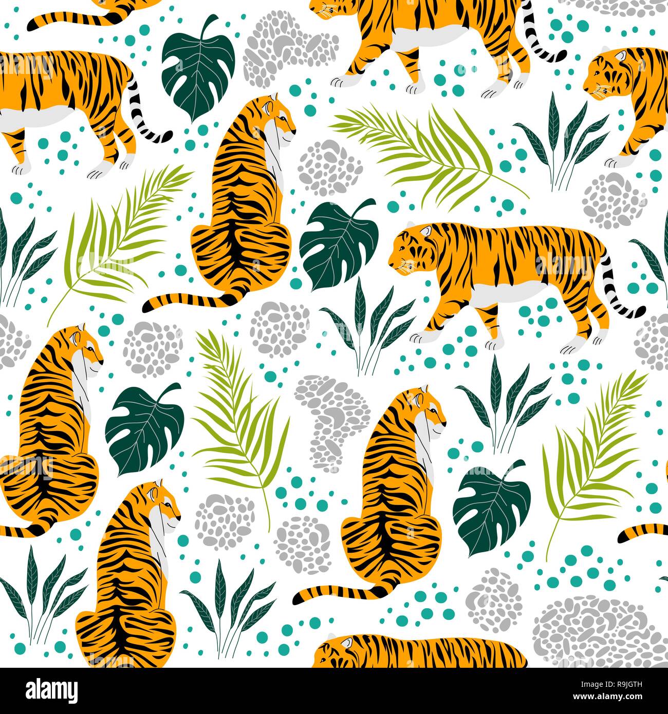 Seamless pattern with tigers and tropical leaves on a white background ...