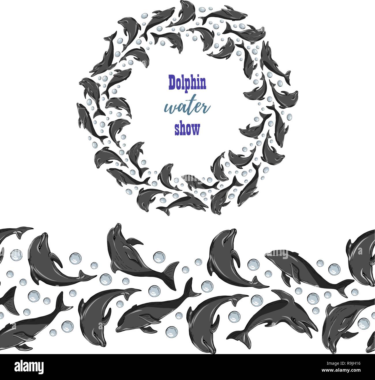 Set with frame of dolphins and seamless brush with them isolated on ...