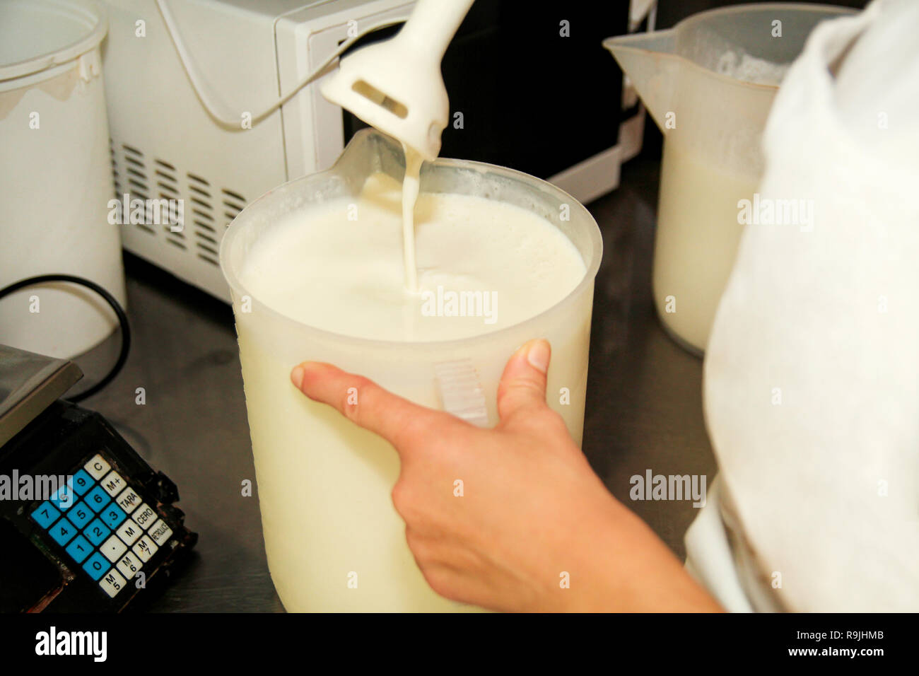 Ice cream ingredients mix together with blender. Female chef is mixing ...