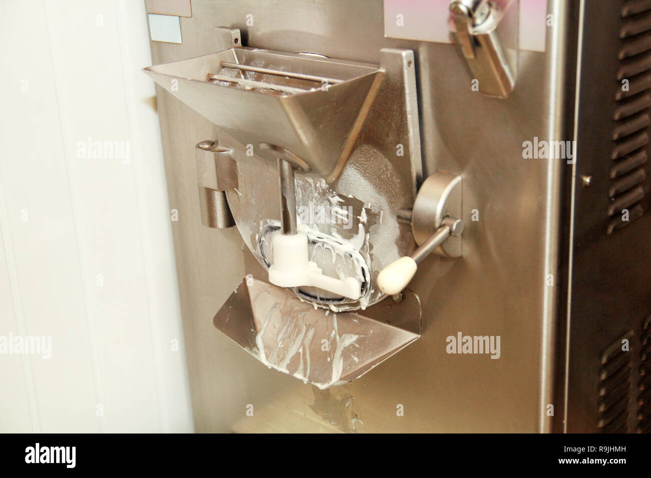 Maker machine for production ice cream, closeup. Industrial preparation ...