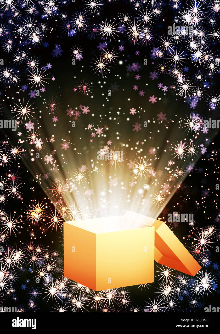 Christmas background with magic box Stock Photo - Alamy