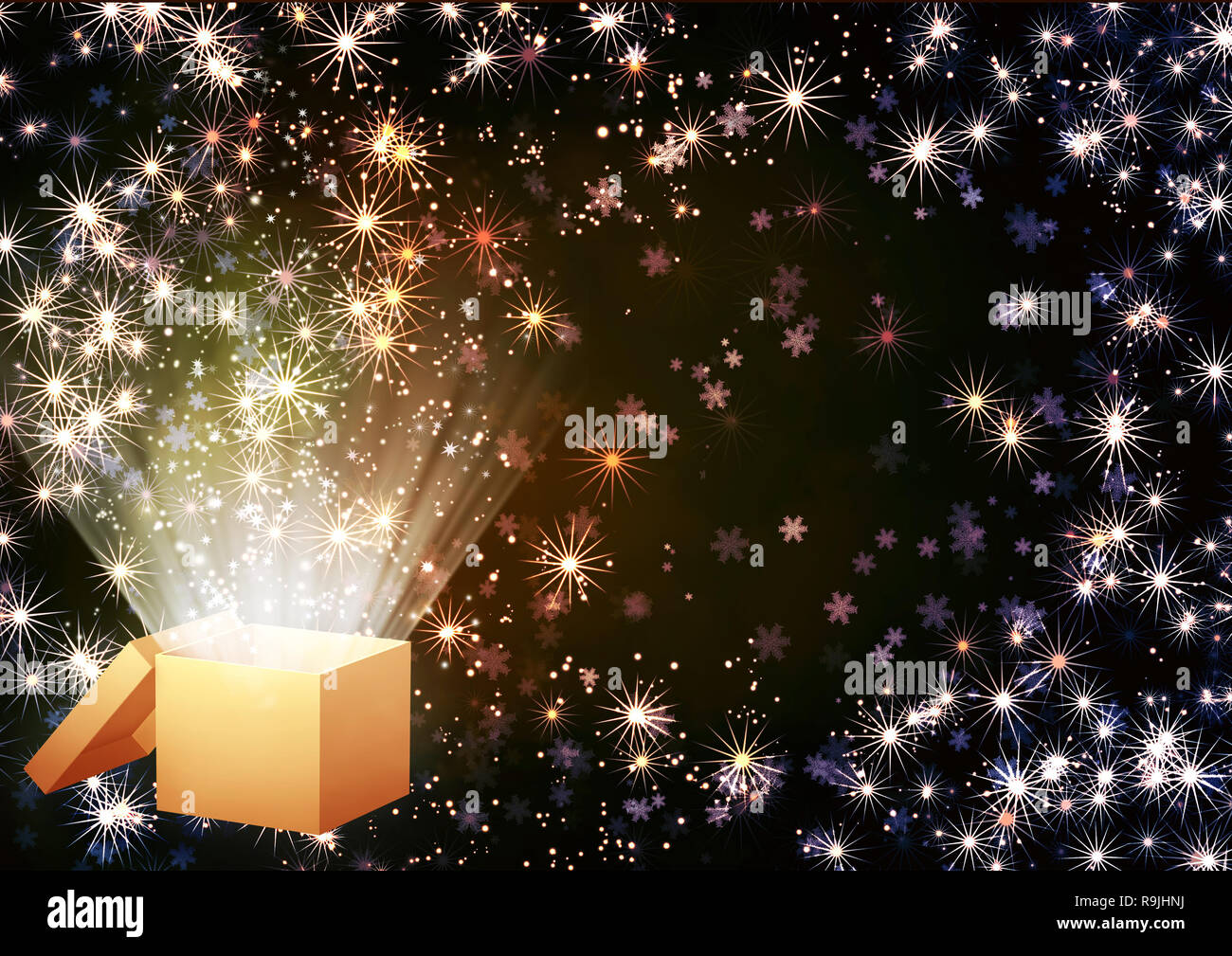 Christmas background with magic box Stock Photo - Alamy