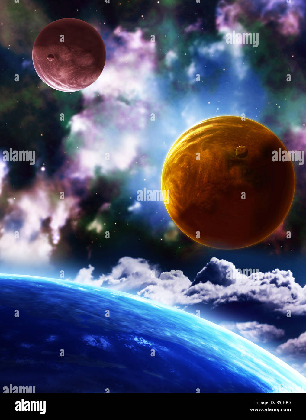 A beautiful space scene with planets and nebula Stock Photo - Alamy