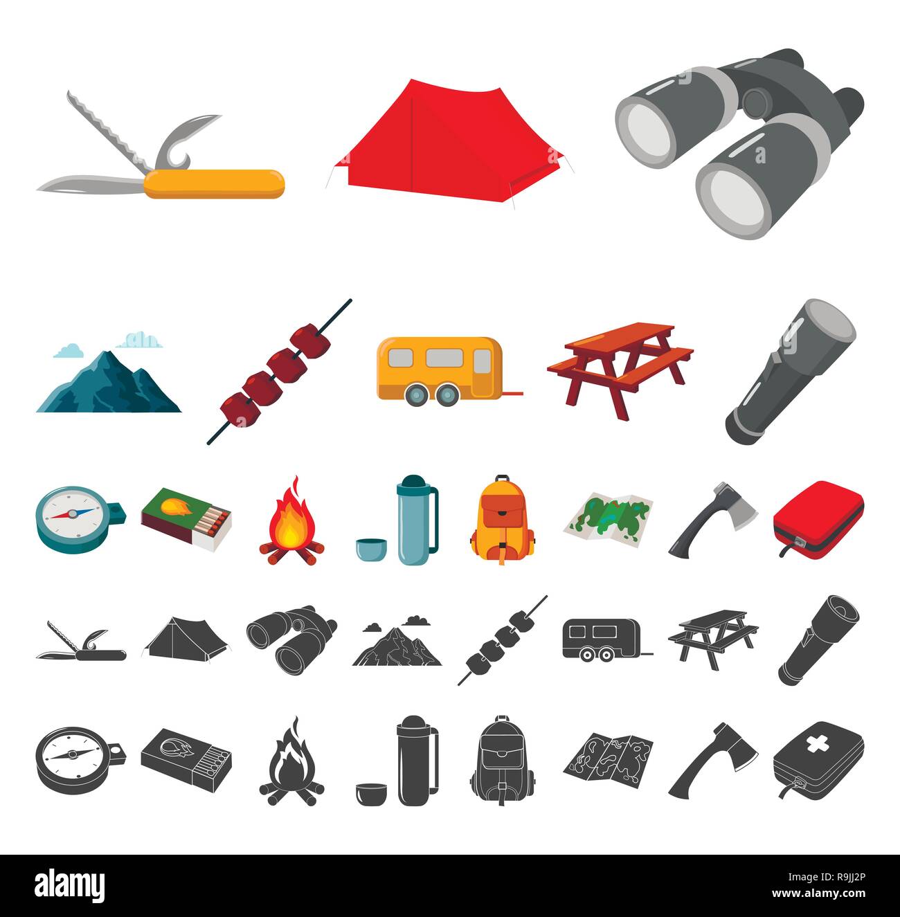 axe,bag,bench,binoculars,camp,campfire,camping,campsite,car,caravan ...