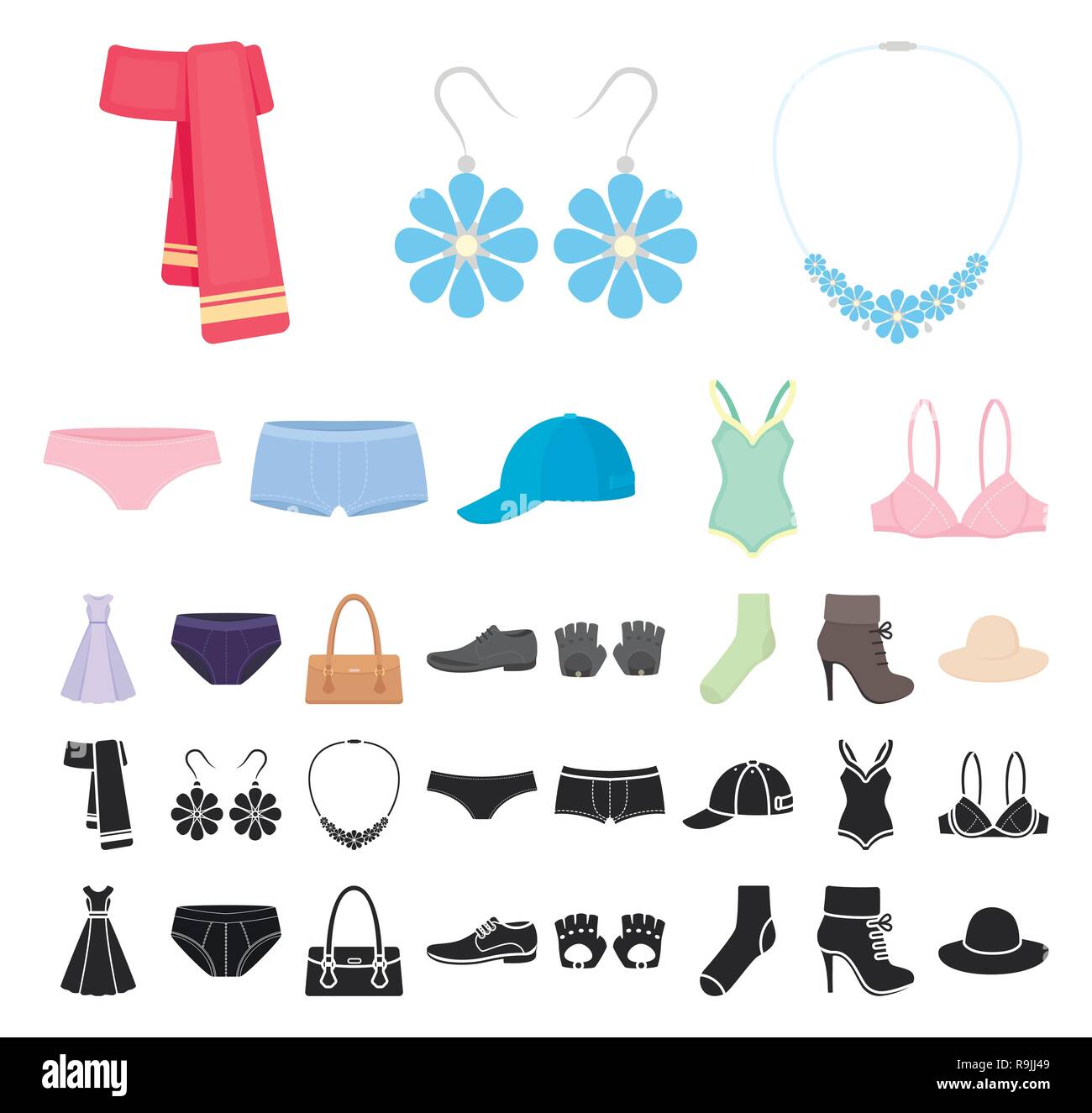 Clothes and accessories cartoon, black icons in set collection for ...