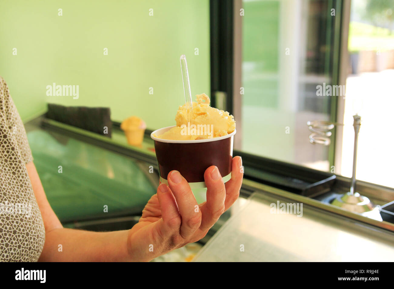 The female hand is holding ice cream in cardboard ice cream cup. Fridge ...