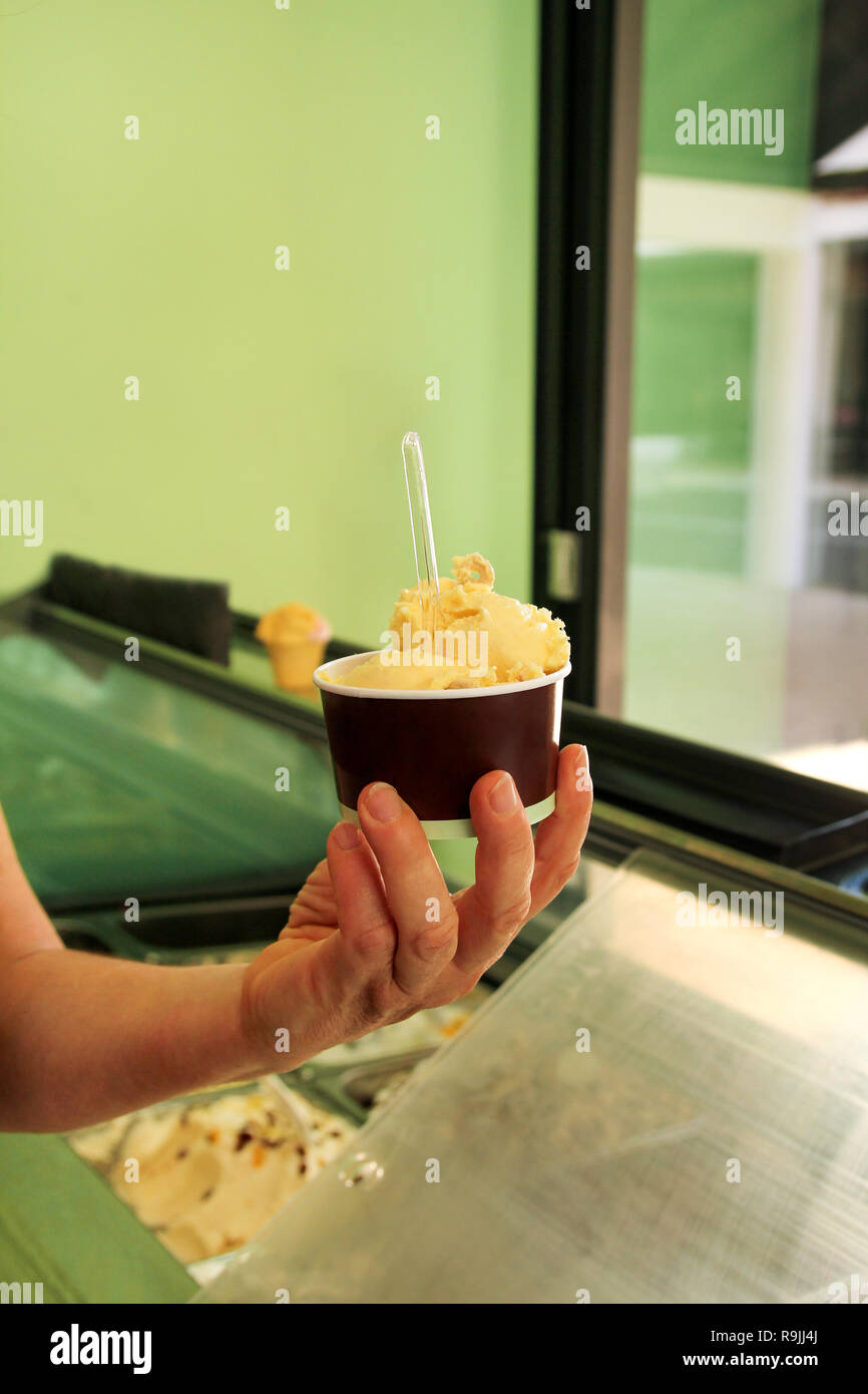 The female hand is holding ice cream in cardboard ice cream cup. Fridge ...