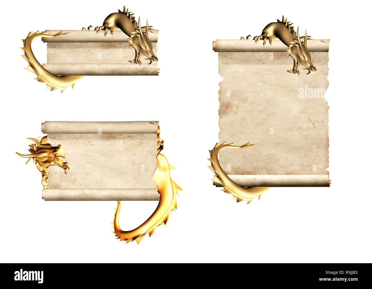 Dragons and scrolls of old parchments. Object isolated over white Stock ...