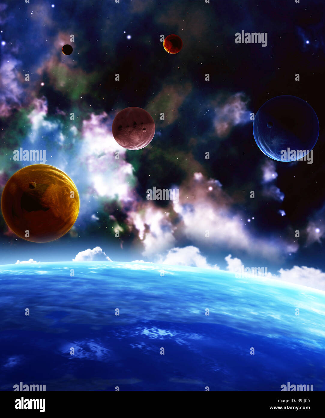 A beautiful space scene with planets and nebula Stock Photo - Alamy