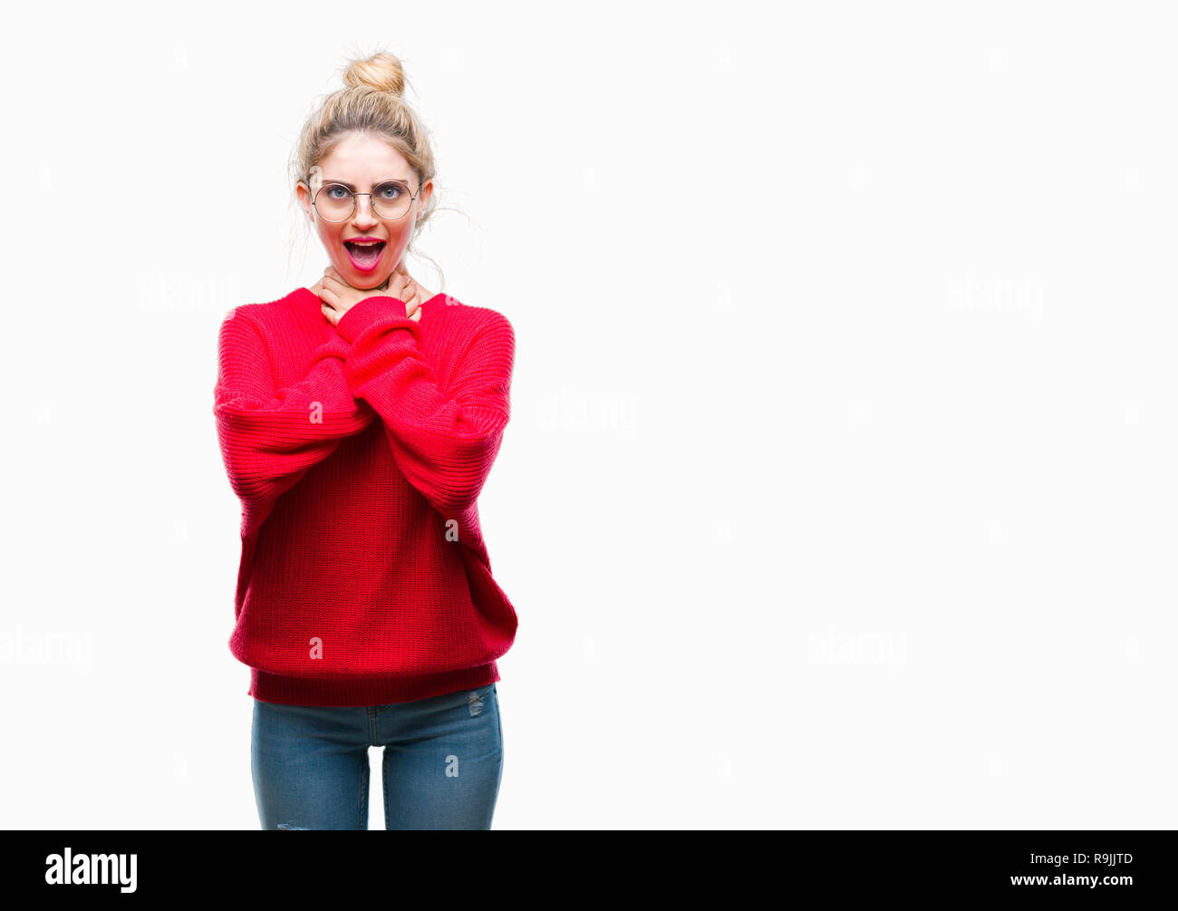 Young Beautiful Blonde Woman Wearing Red Sweater And Glasses Over Isolated Background Shouting