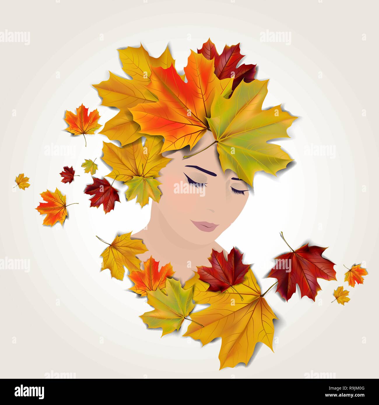 Girl stylized profile design with autumn leaves, vector illustration ...