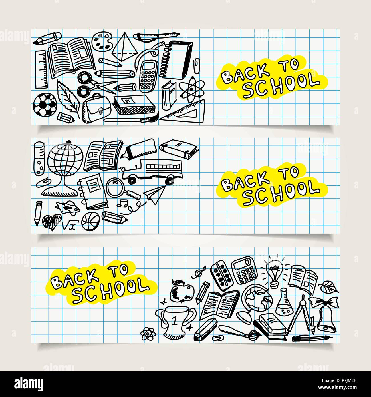 Set of banners with school icons, sketch collection in doodle style ...